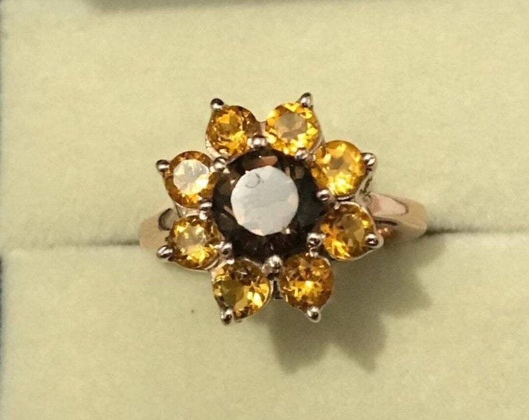 Smoky Quartz Citrine Sunflower Ring Round Cut Unique Engagement Ring ...