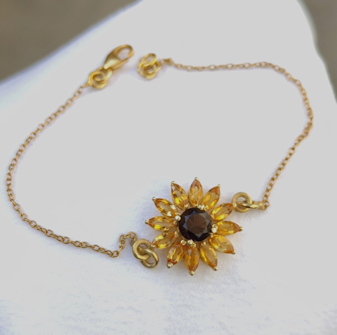 Sunflower Citrine Silver Bracelet for Gift Citrine Floral Necklace for ...
