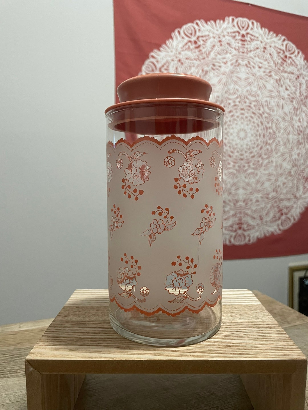 Tall Storage Frosted Glass Container With Floral and Lace Pattern in ...