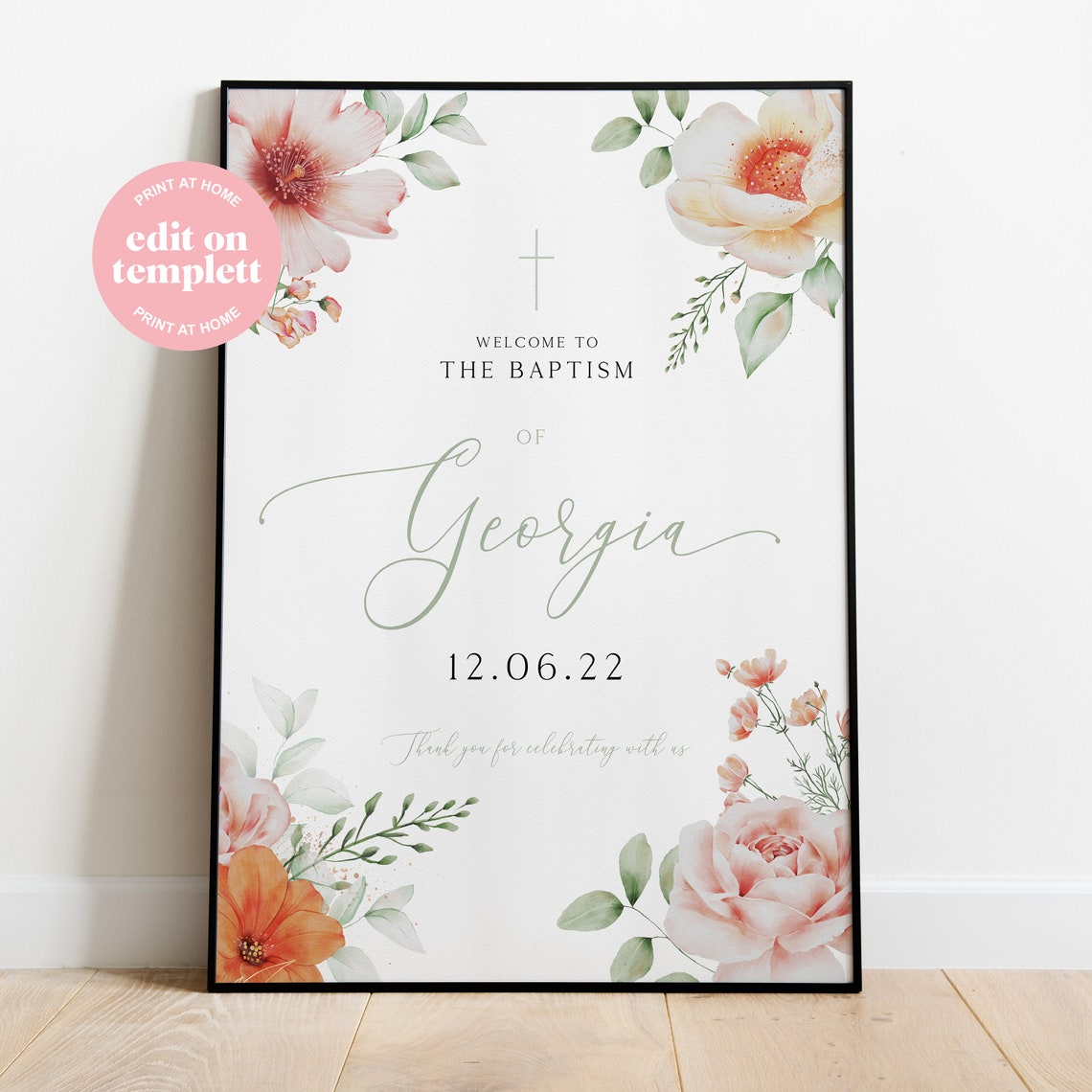 Baptism Welcome Sign Template | Floral Welcome Baptism Sign | Printable ...