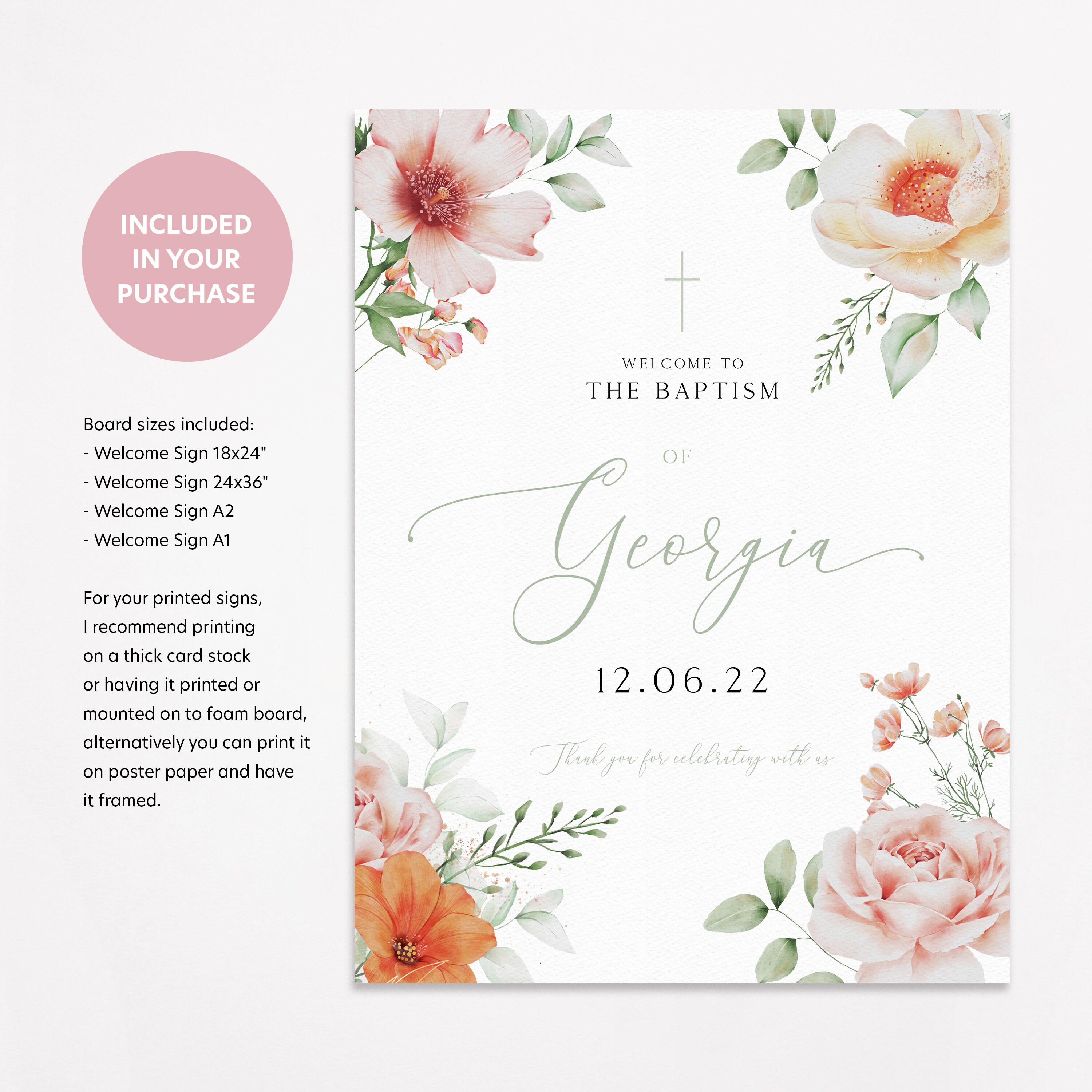 Baptism Welcome Sign Template | Floral Welcome Baptism Sign | Printable ...