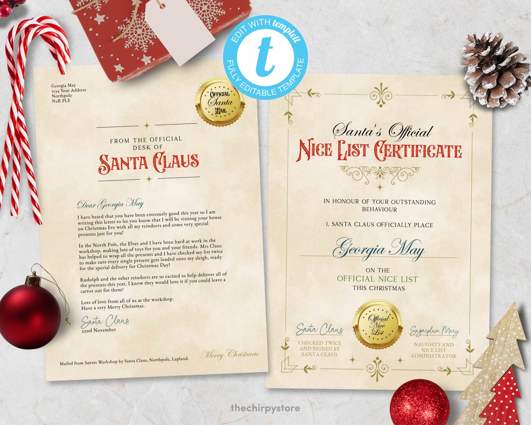Editable Santa Letter, Printable Nice List Certificate, Santa Claus ...