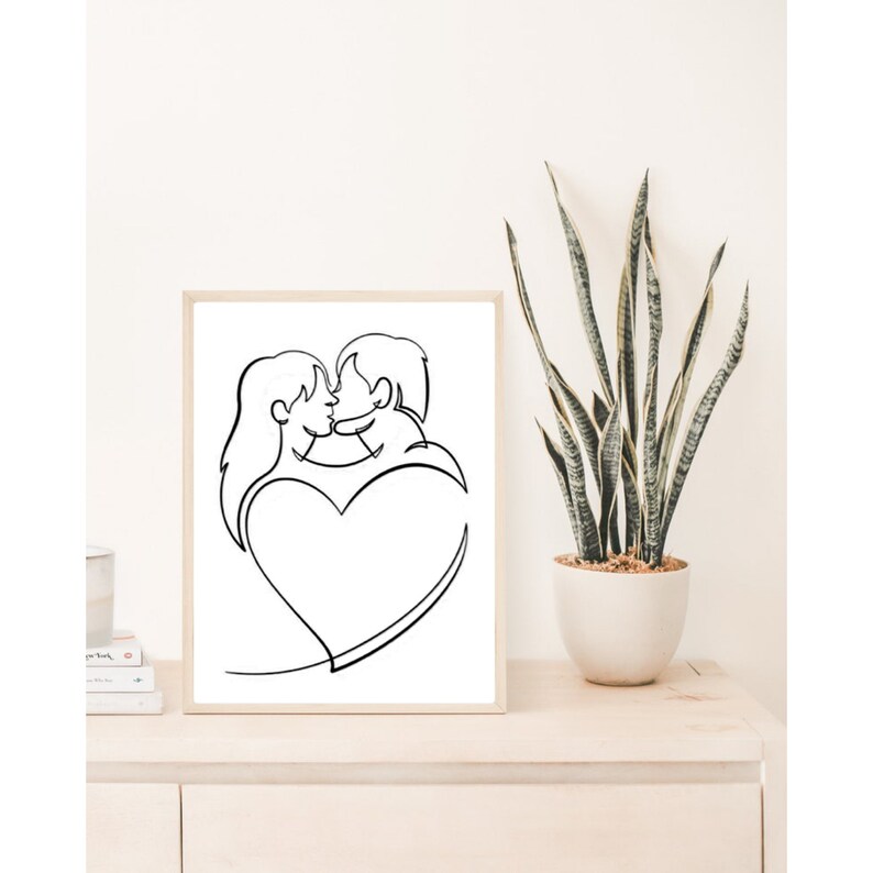 One Line Art Couple, Kiss Print, Minimal Couple Wall Art, Male and ...