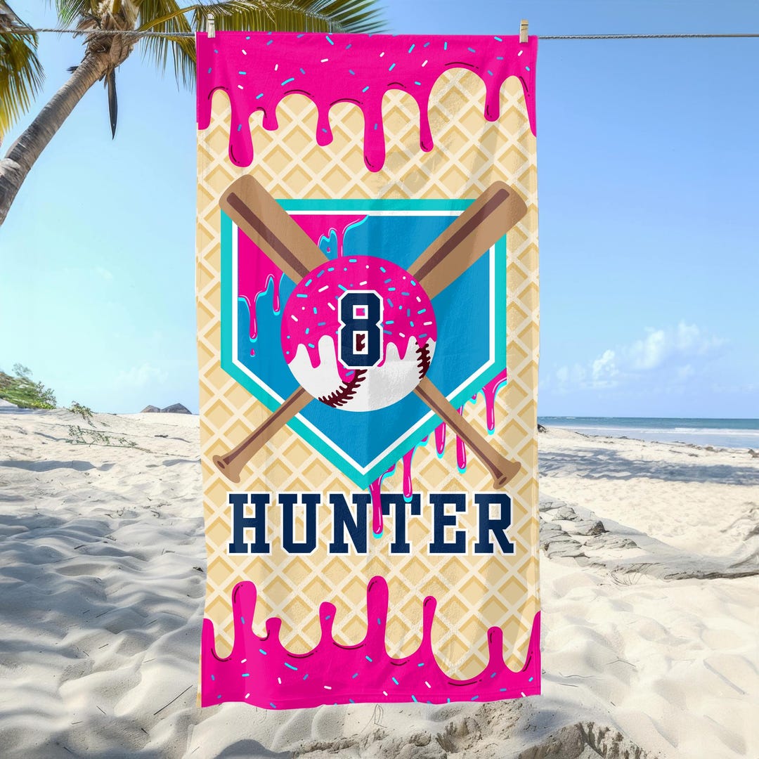 Baseball Drip Gifts Custom Beach Towel Baseball Ice Cream Drip Towel ...