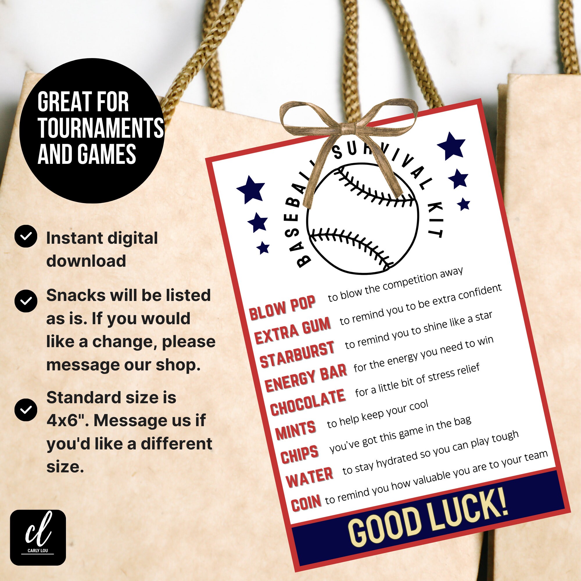 Baseball Survival Kit Bag Tag Printable Good Luck Tags Baseball Team ...