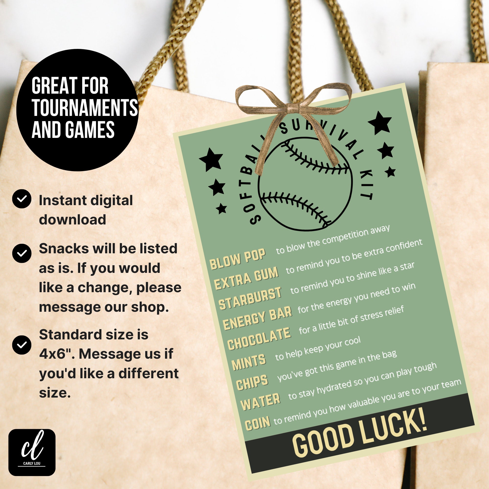 Softball Survival Kit Bag Tag Printable Good Luck Gift Softball Team ...