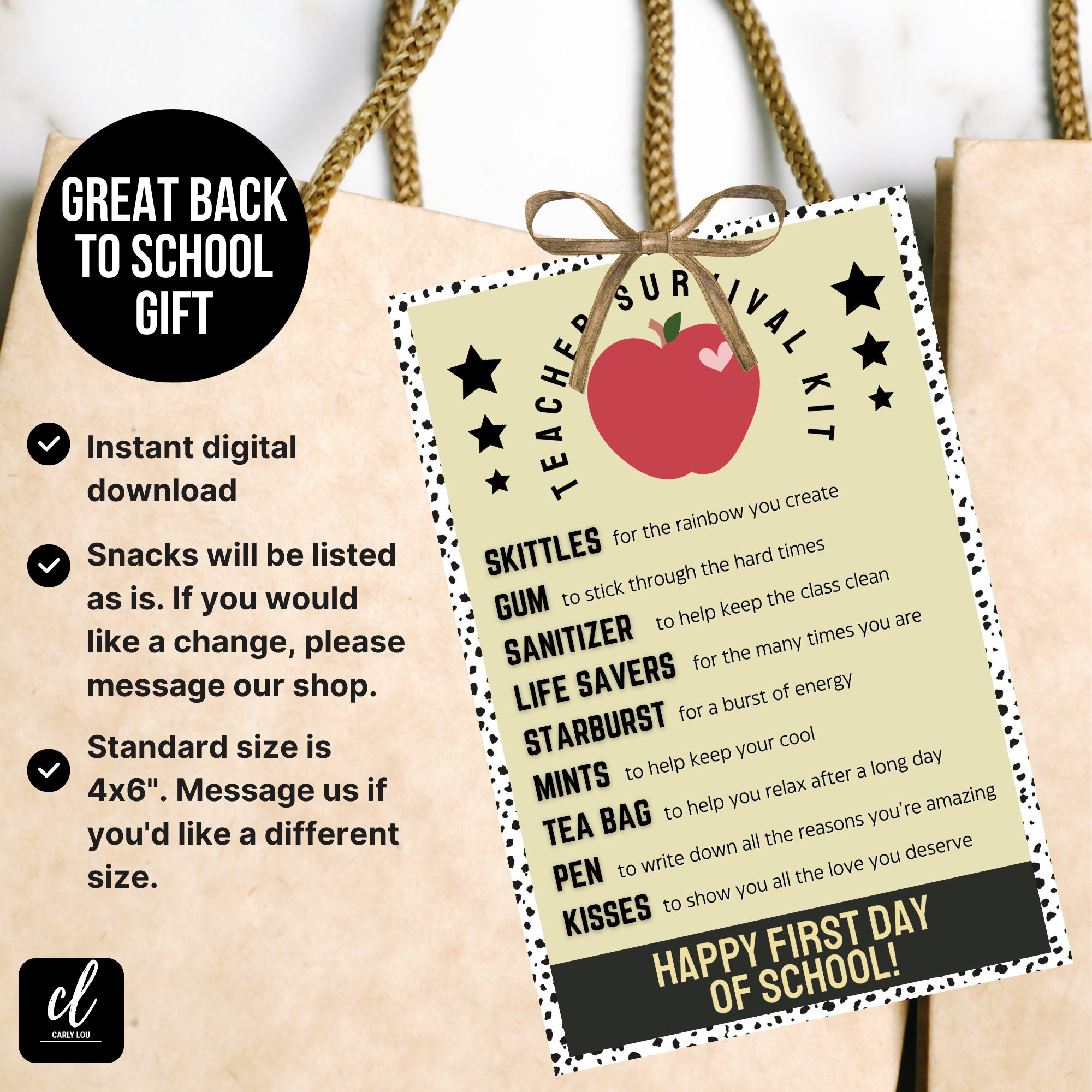 Teacher Survival Kit Printable Bag Tag Back to School Teacher Gift Bag ...