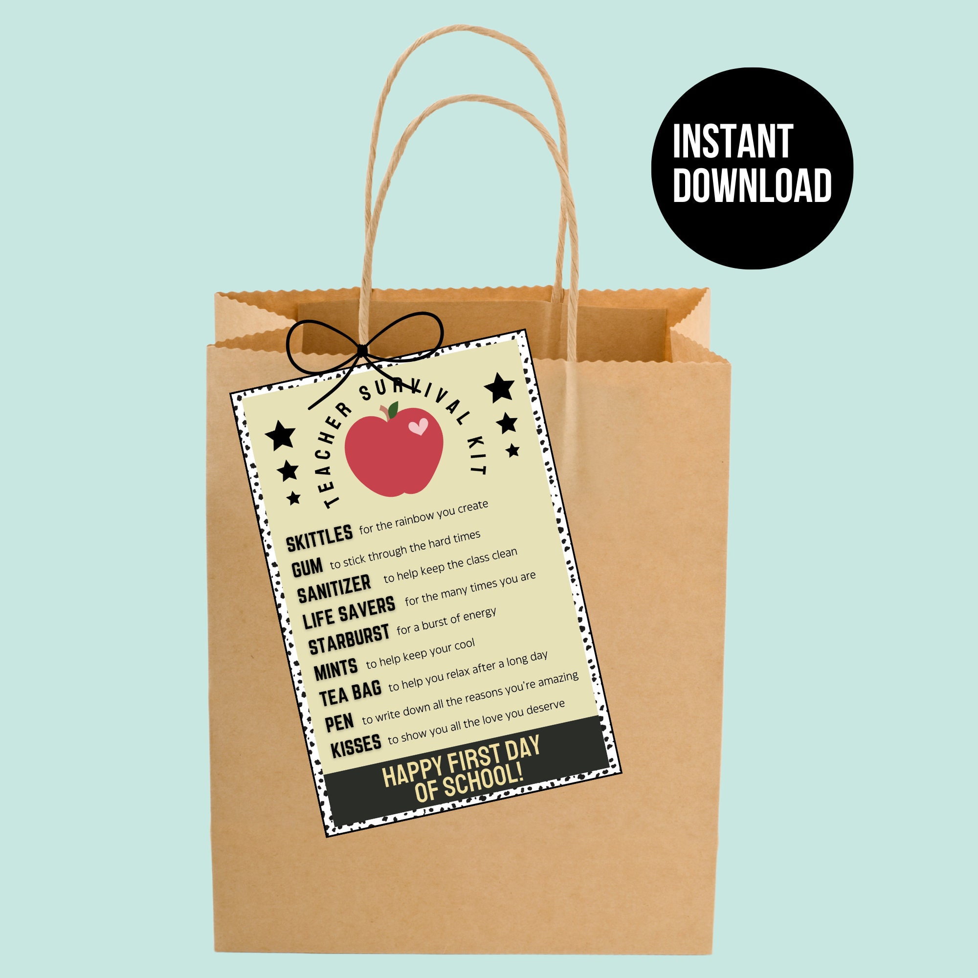 Teacher Survival Kit Printable Bag Tag Back to School Teacher Gift Bag ...