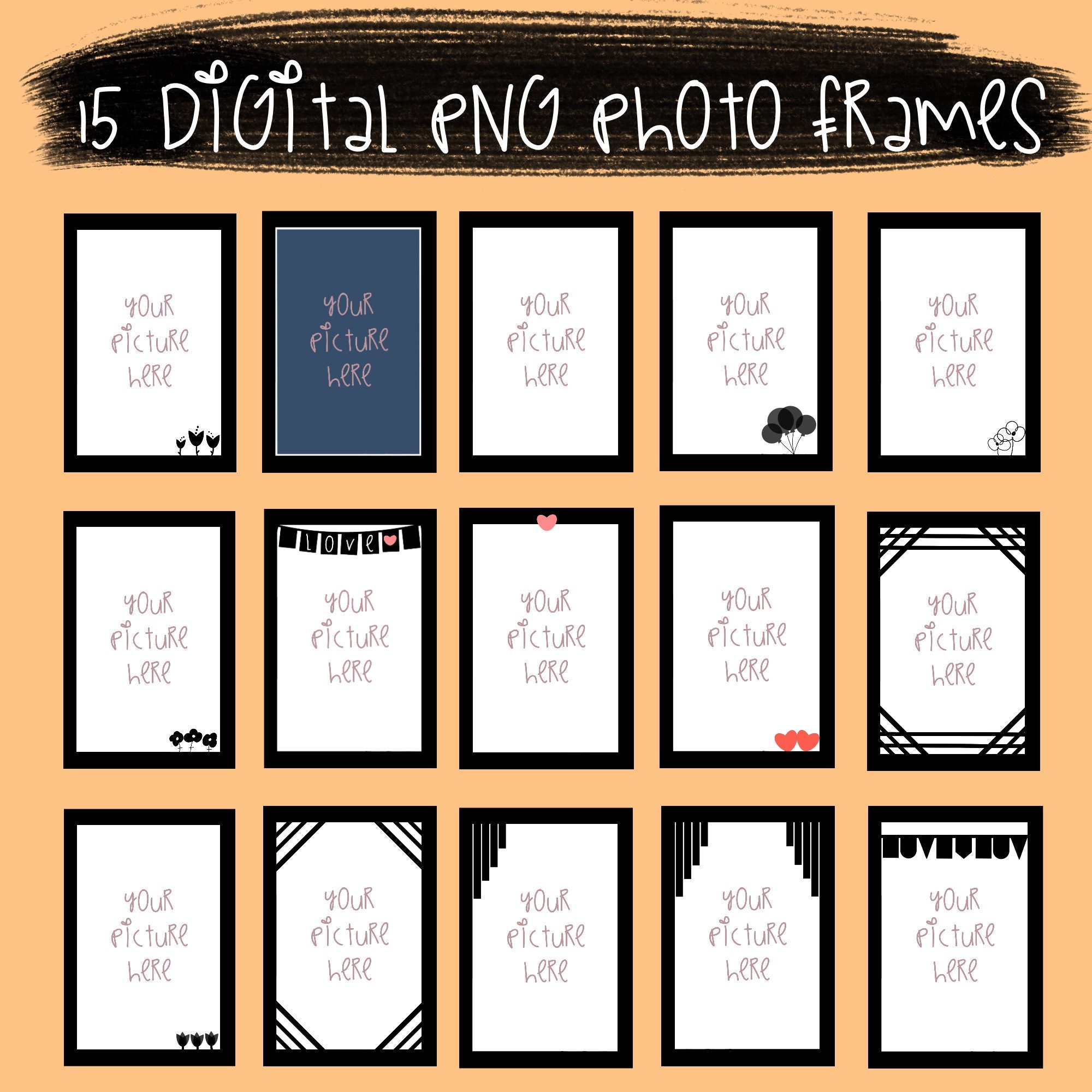 Playful Black Transparent Rectangle PNG Clipart Frames - Set of 15 - Etsy