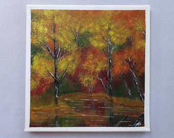 Autumn Landscape Painting , Fall Acrylic Scenery on Canvas , Birch ...