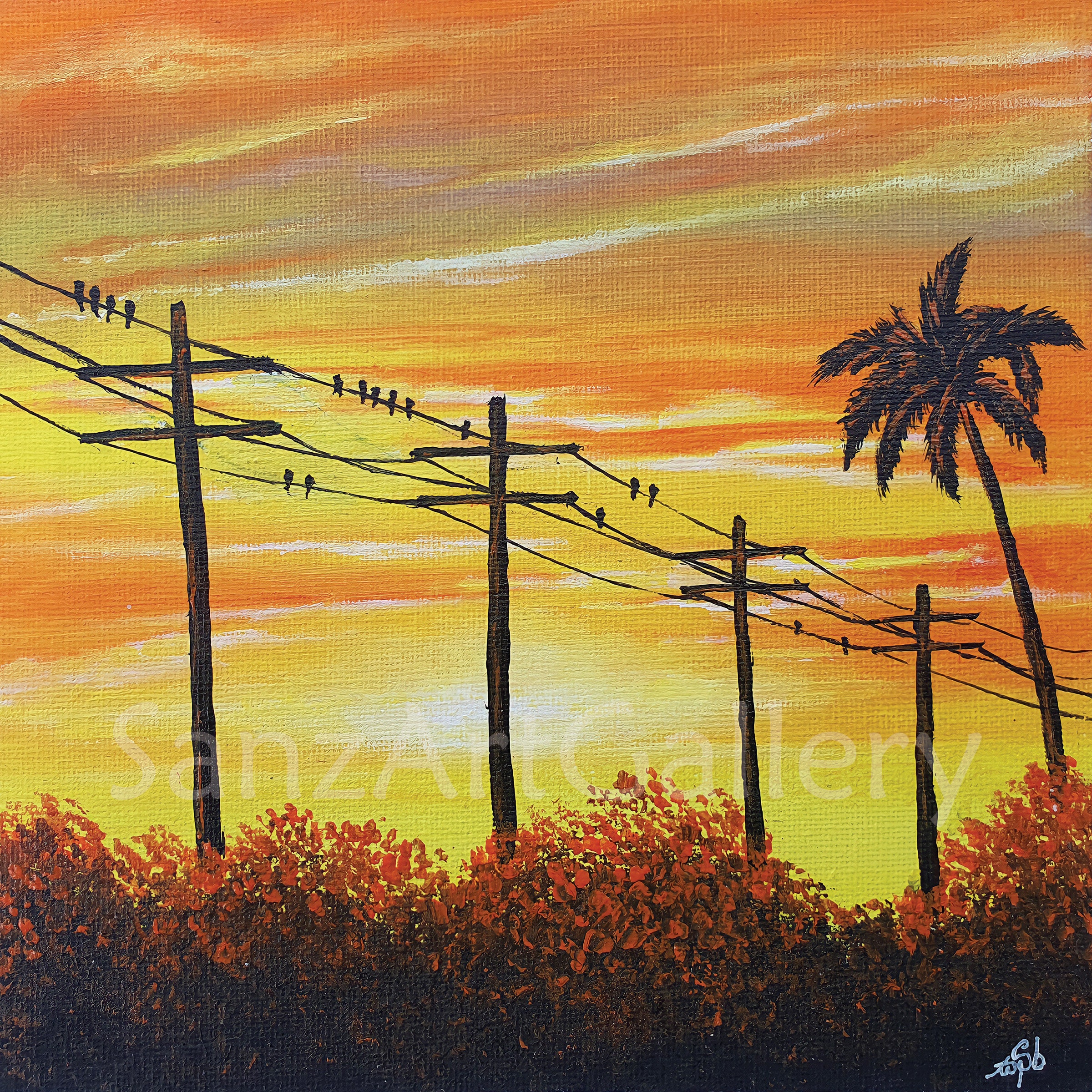 Printable Sunset Painting, Power Lines at Sunset Art, Sunset Wall Art ...