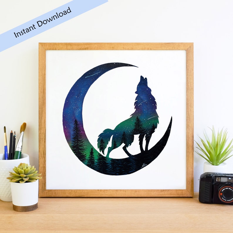 Printable Wolf Silhouette Wall Decor Night Forest Digital - Etsy