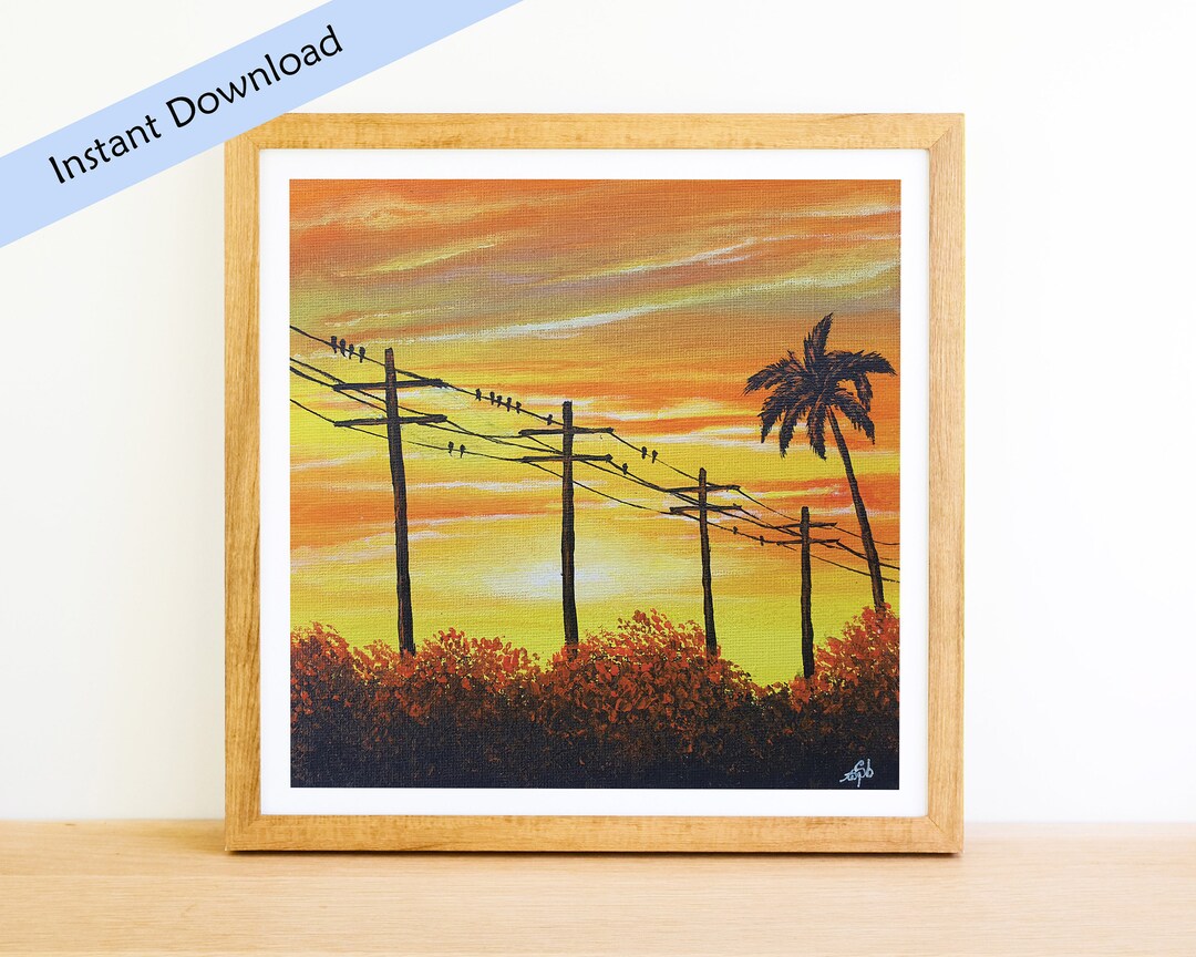 Printable Sunset Painting, Power Lines at Sunset Art, Sunset Wall Art ...