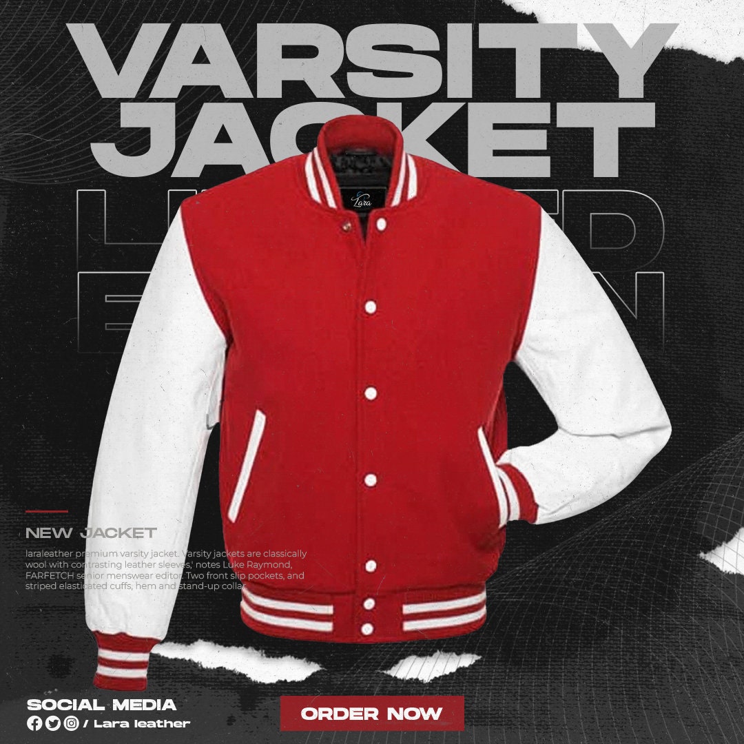 Unisex Varsity Wool Bomber With Leather Sleeves, Stand up Collared ...
