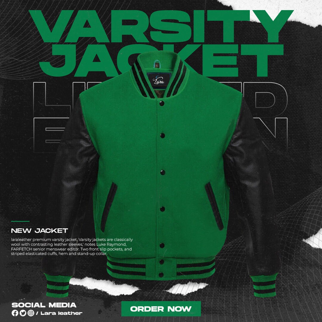 Unisex Varsity Wool Bomber With Leather Sleeves, Stand up Collared ...