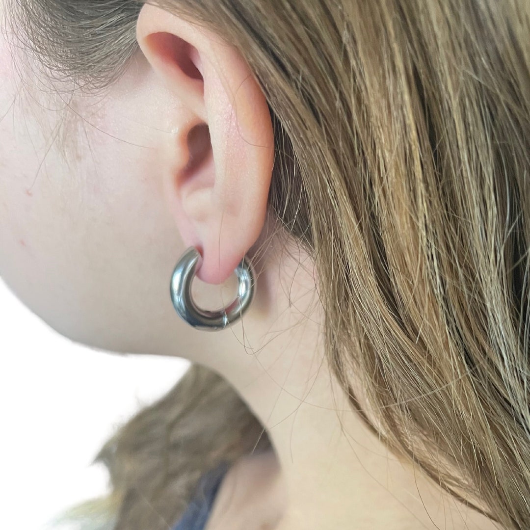 Chunky Silver Hoops • Hinged Hoop • Stainless Steel Hoops • Thick ...