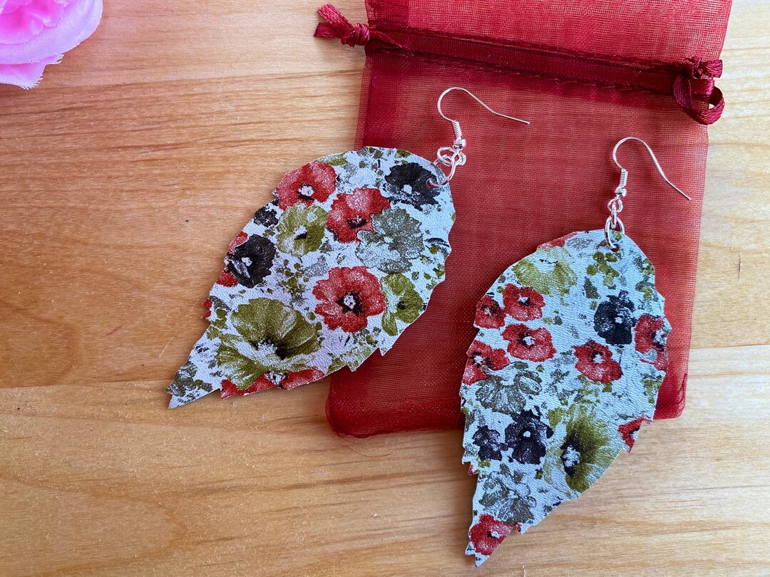 Large Leather Leaf Earrings Leather Earrings Boho Earrings - Etsy