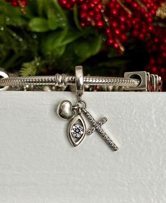 Cross 925 Sterling Silver Charm with CZ Religious Eye Pendant Pandora style gift for mother father grandparents Birthday teacher Valentine