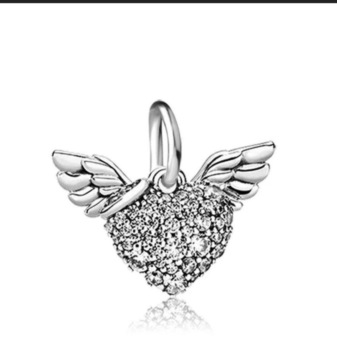 925 Sterling Silver Winged Heart Charm: CZ Pave Angel Wing - Etsy