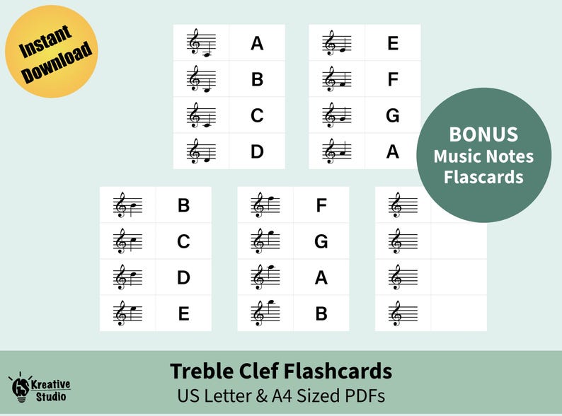Printable Music Note Mnemonics, Music Flashcards, Treble and Bass Clef ...