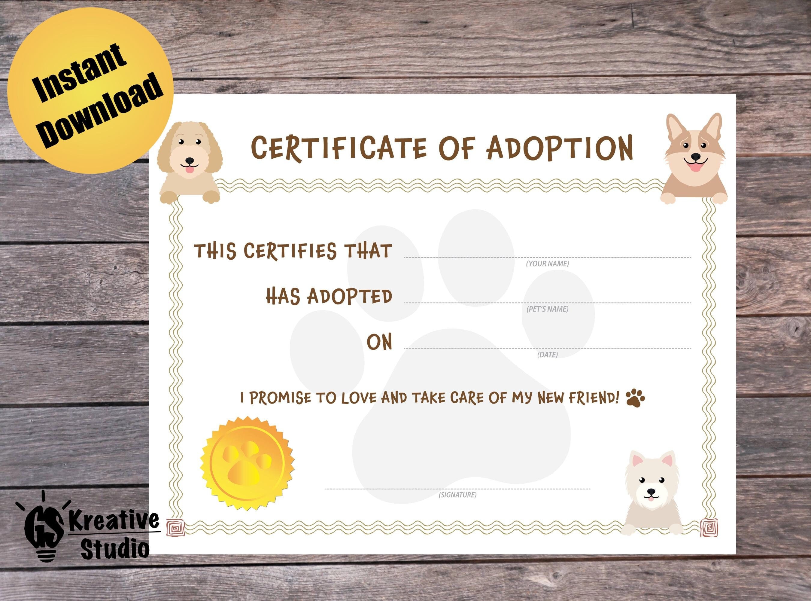 Printable Puppy Adoption Certificate, Dog Adoption Certificate, Stuffed ...