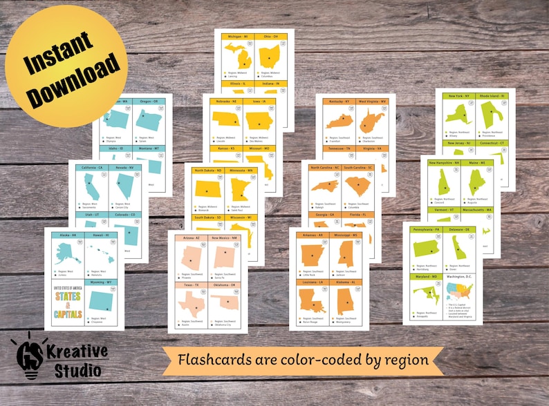 USA States and Capitals, Printable Flashcards, USA Geography ...