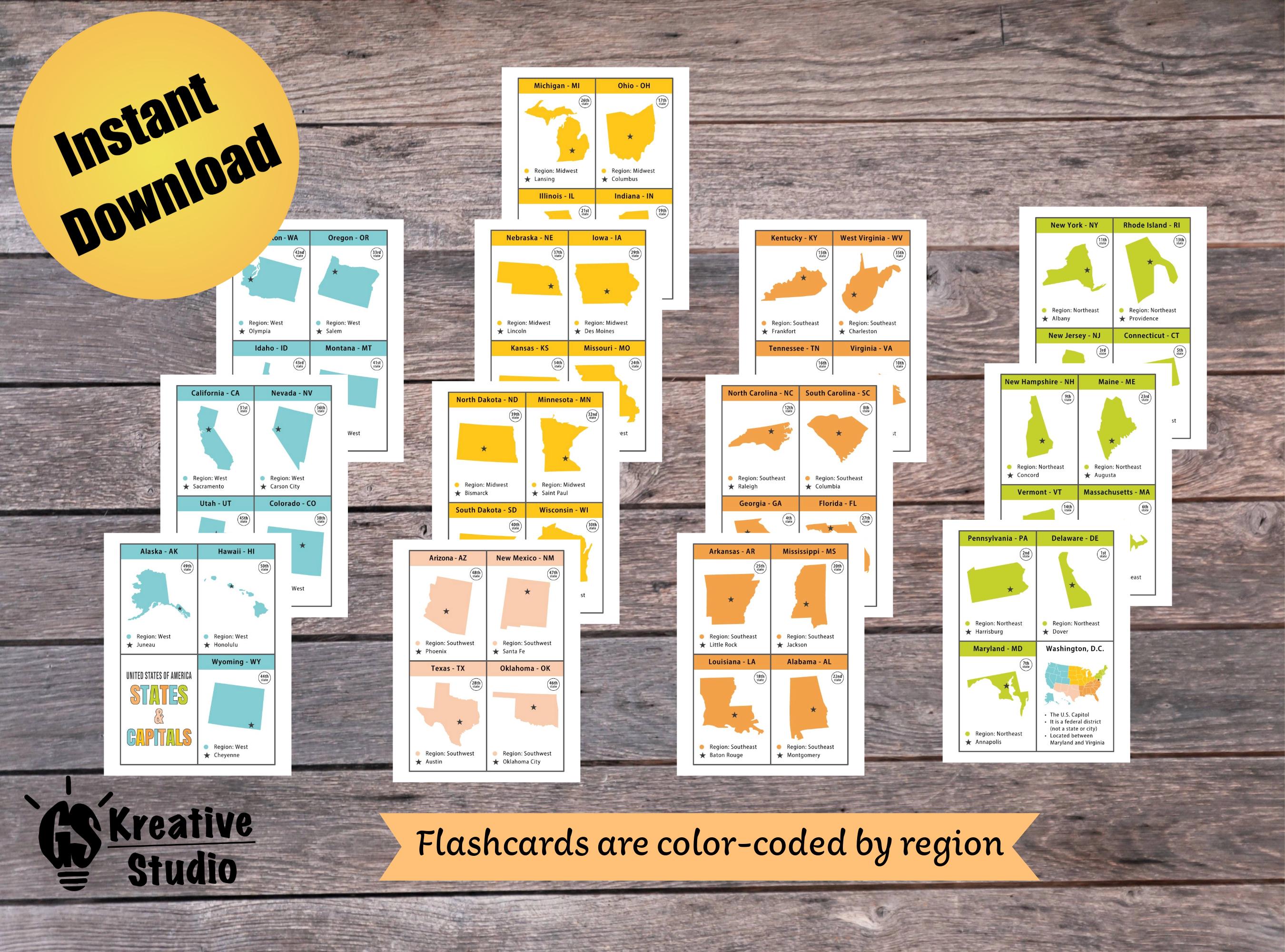 USA States and Capitals, Printable Flashcards, USA Geography ...