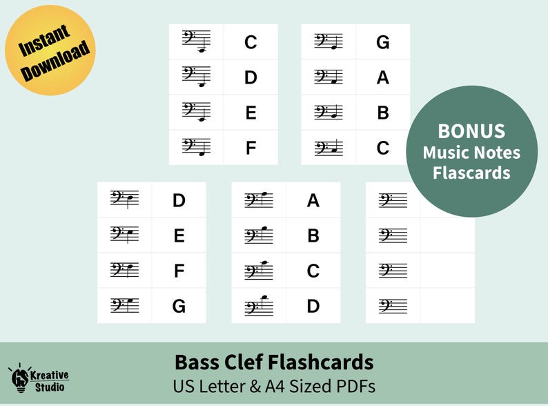 Printable Music Note Mnemonics, Music Flashcards, Treble and Bass Clef ...