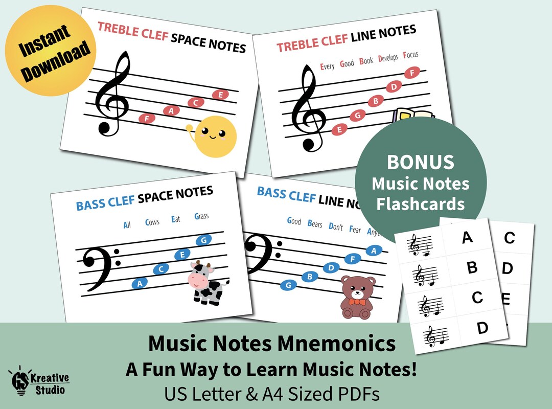 Printable Music Note Mnemonics, Music Flashcards, Treble and Bass Clef ...