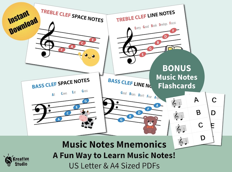 Printable Music Note Mnemonics, Music Flashcards, Treble and Bass Clef ...