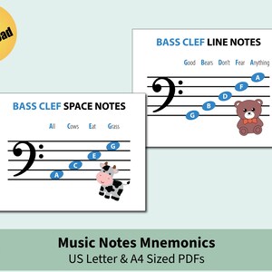 Printable Music Note Mnemonics, Music Flashcards, Treble and Bass Clef ...