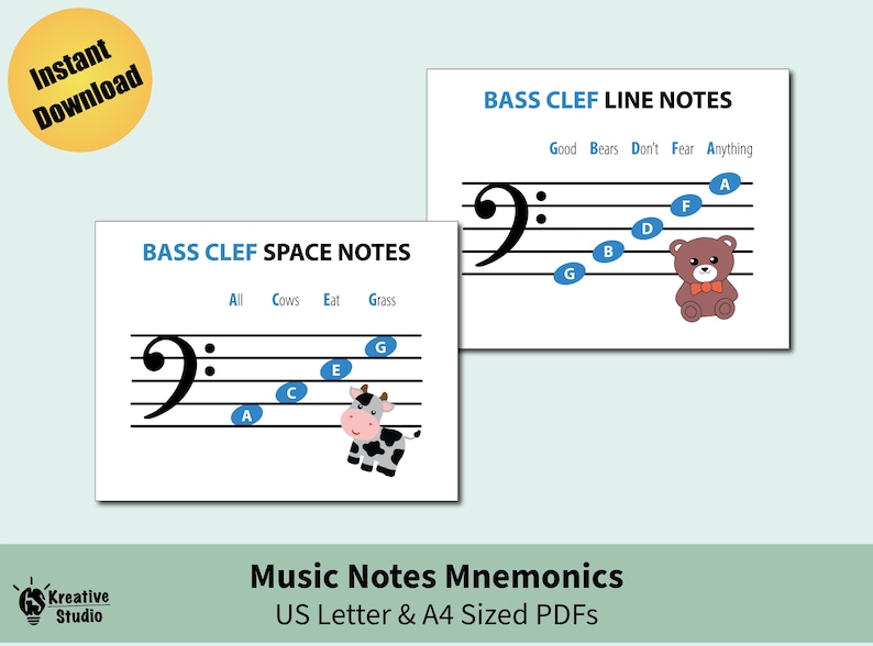 Printable Music Note Mnemonics, Music Flashcards, Treble and Bass Clef ...