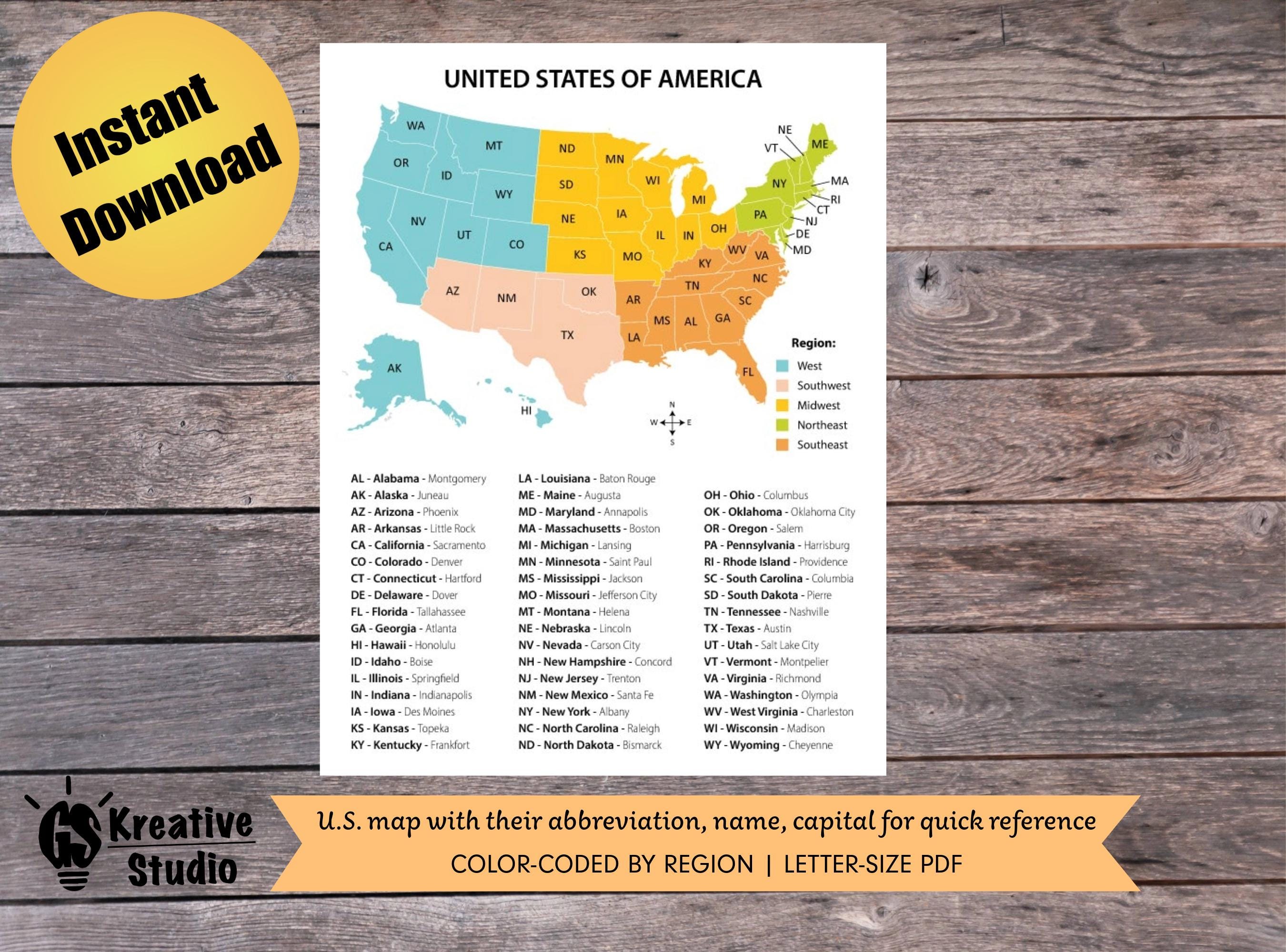 USA States and Capitals, Printable Flashcards, USA Geography ...