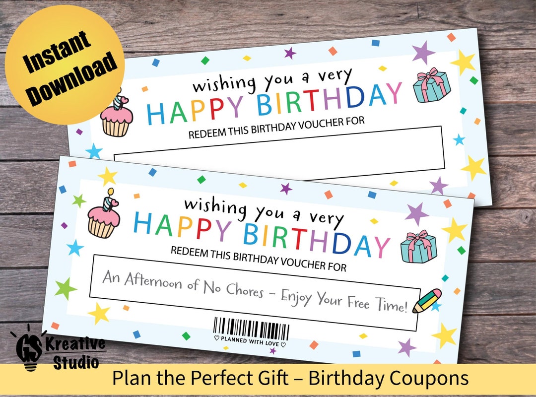 Printable Birthday Coupons, Fill-in-the-blank Voucher, Custom Gift ...