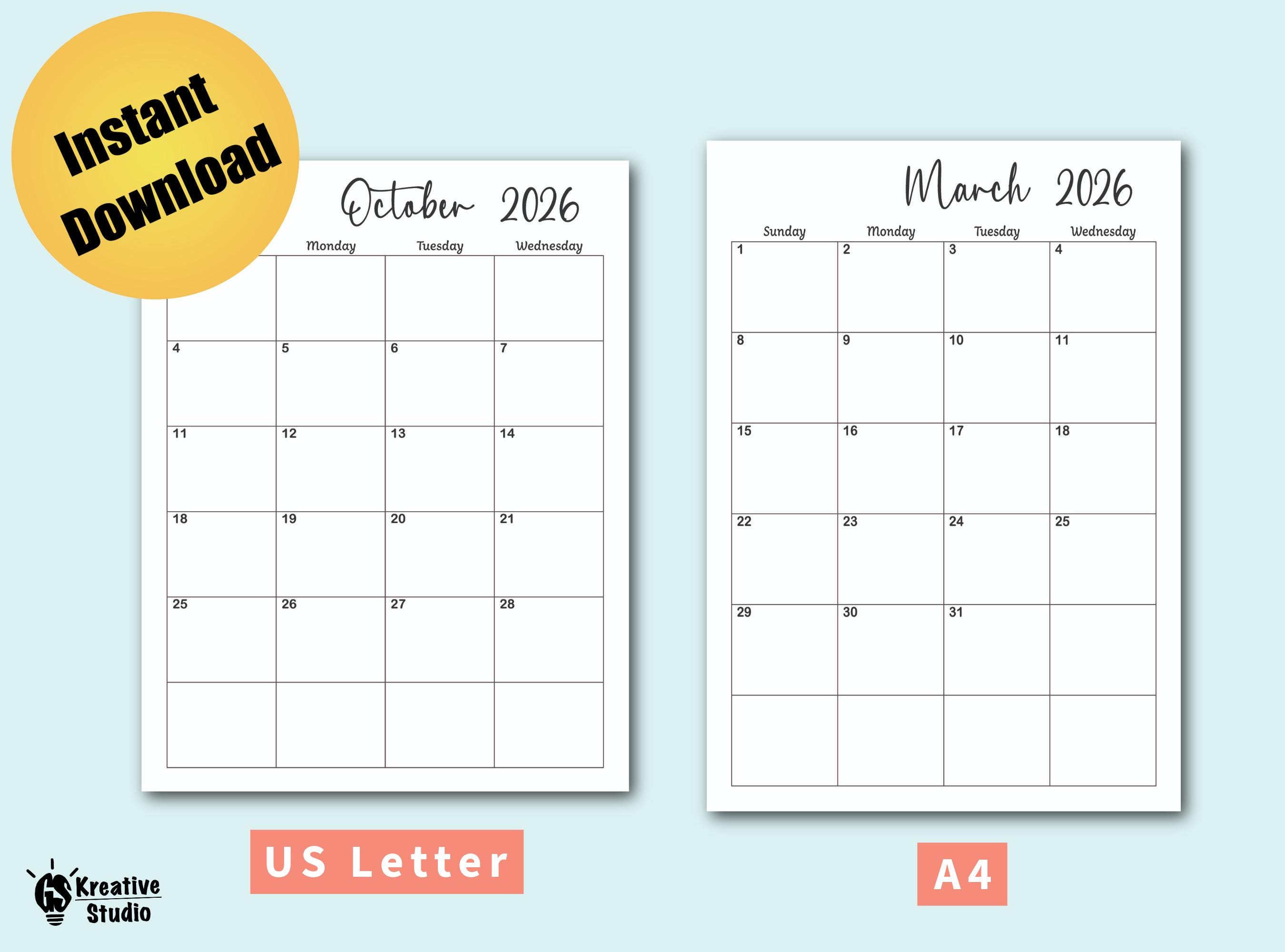 2026 Monthly Calendar Printable 2 Page Layout | Sunday Start US Letter ...