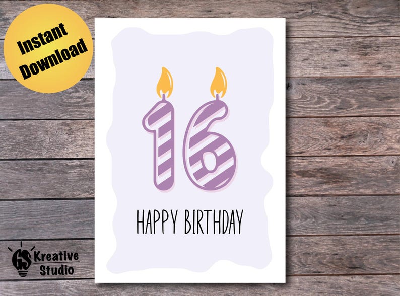 Sweet 16 Birthday Card Printable, Minimalist Happy 16th Birthday Candle ...