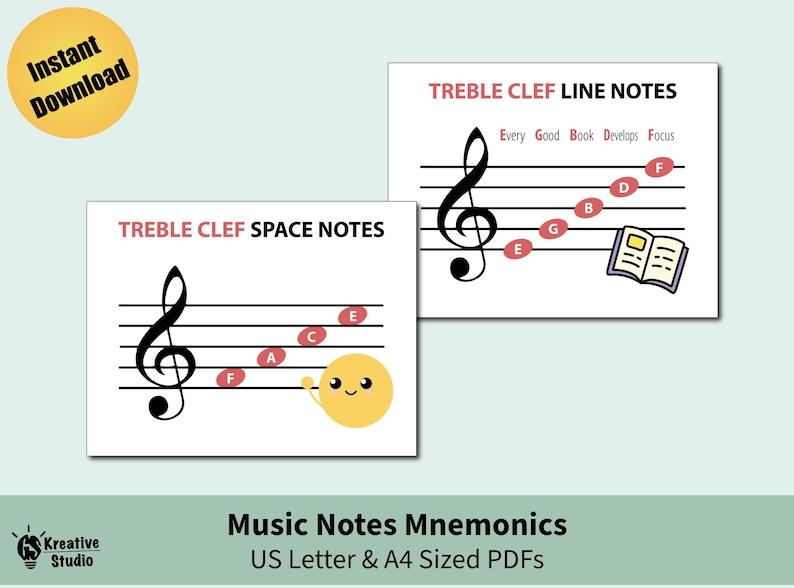 Printable Music Note Mnemonics, Music Flashcards, Treble and Bass Clef ...