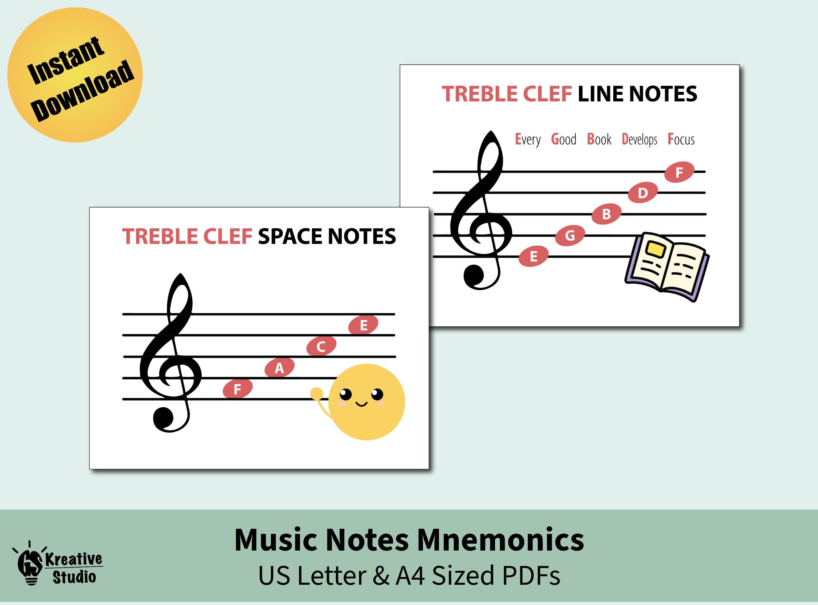 Printable Music Note Mnemonics, Music Flashcards, Treble and Bass Clef ...