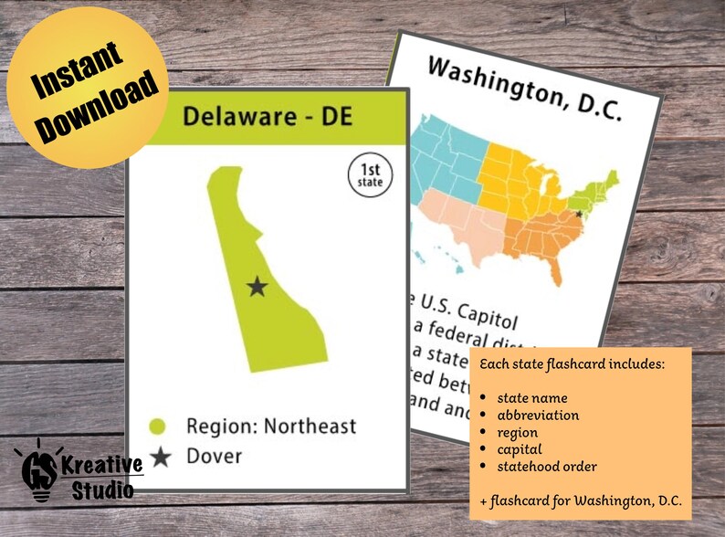 USA States and Capitals, Printable Flashcards, USA Geography ...