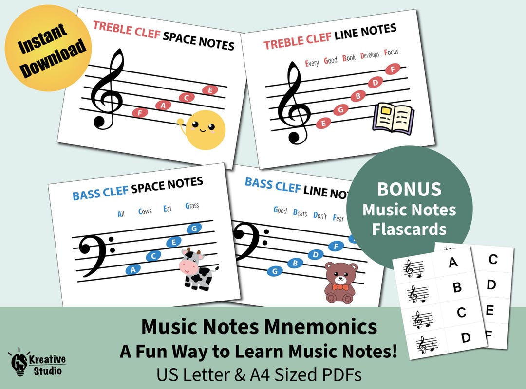 Printable Music Note Mnemonics, Music Flashcards, Treble and Bass Clef ...