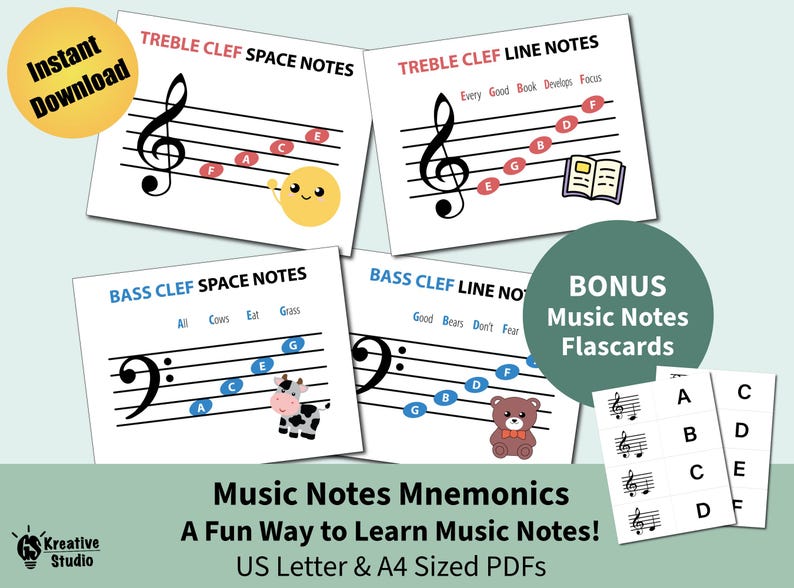 Printable Music Note Mnemonics, Music Flashcards, Treble and Bass Clef ...