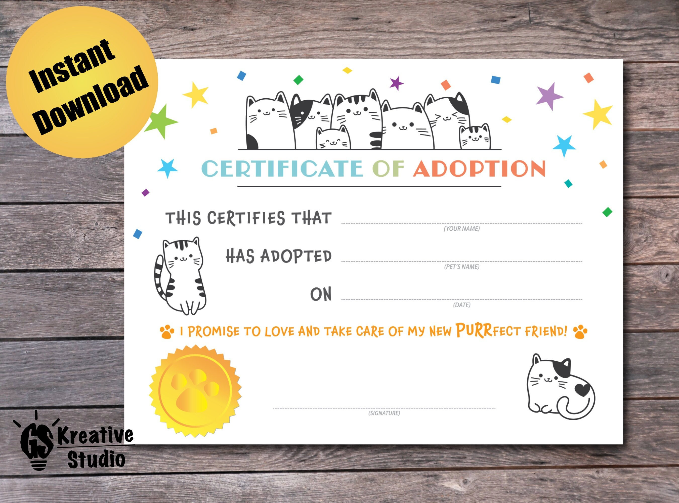 Printable Cat Adoption Certificate, US Letter and 5x7 Sizes, Pet or ...