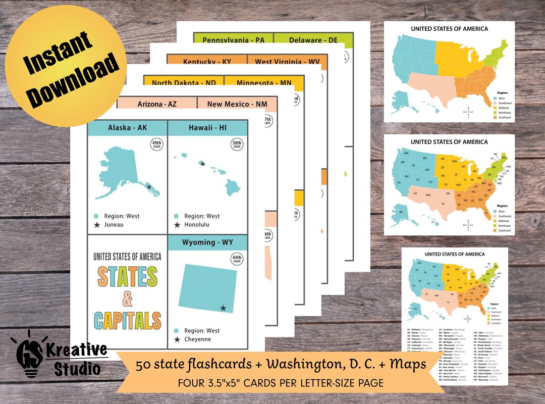 USA States and Capitals, Printable Flashcards, USA Geography ...