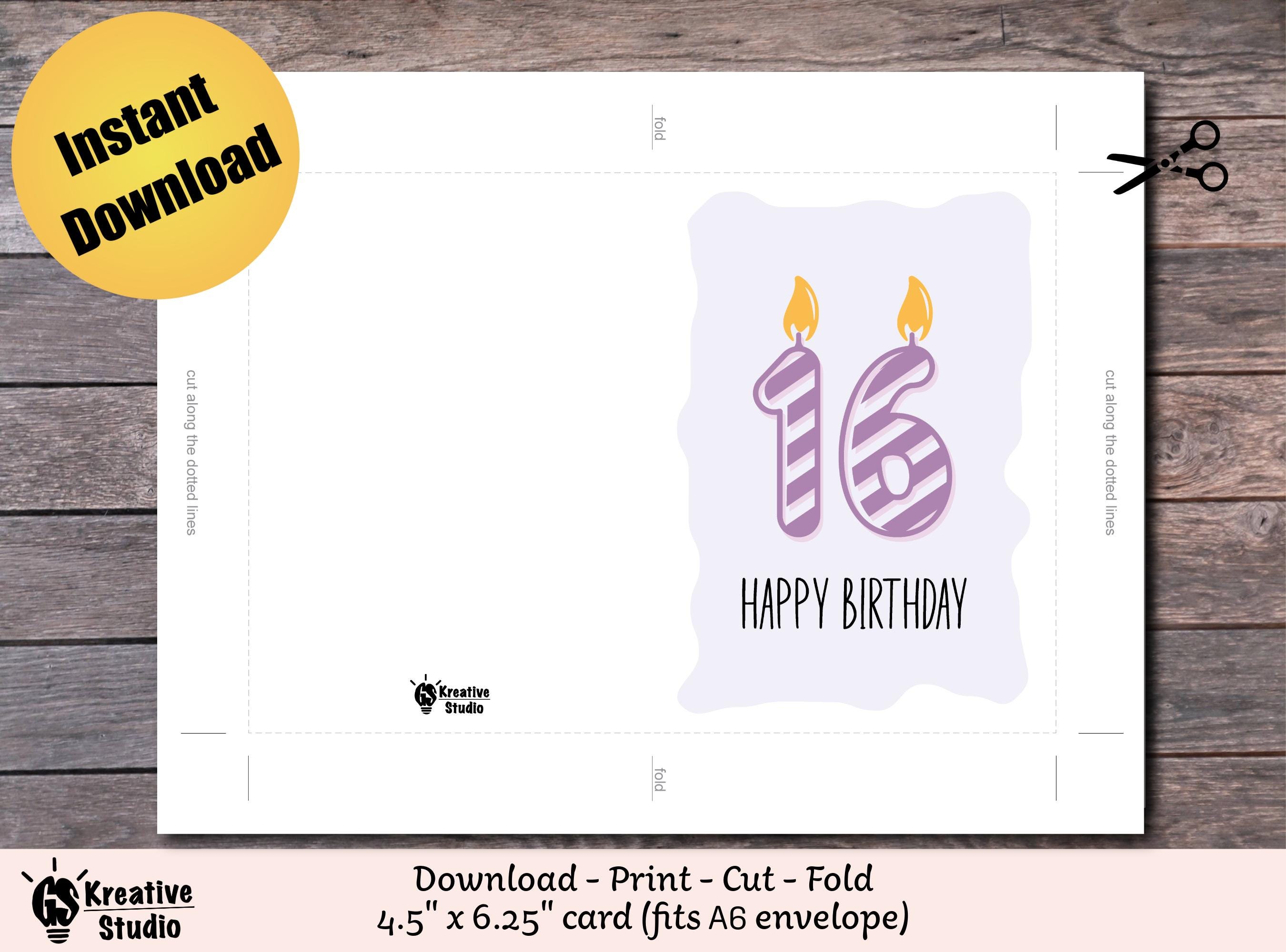 Sweet 16 Birthday Card Printable, Minimalist Happy 16th Birthday Candle ...