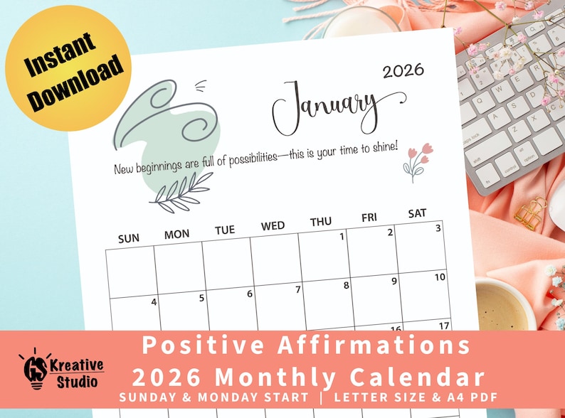 2026 Positive Affirmation Calendar Digital Download | Abstract Shapes ...