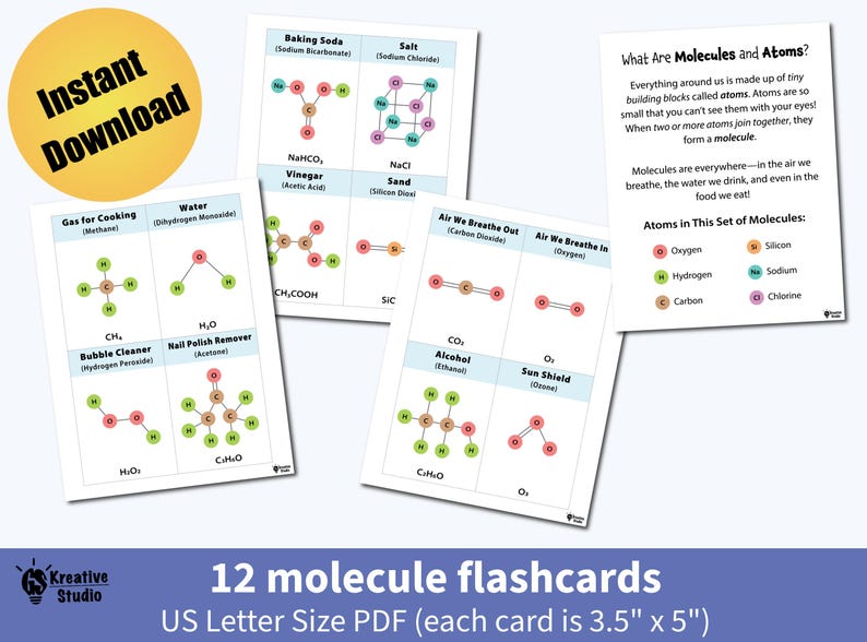 Molecule Flashcards for Kids, STEM Science Printables, Chemistry Learning Activity, Homeschool ...
