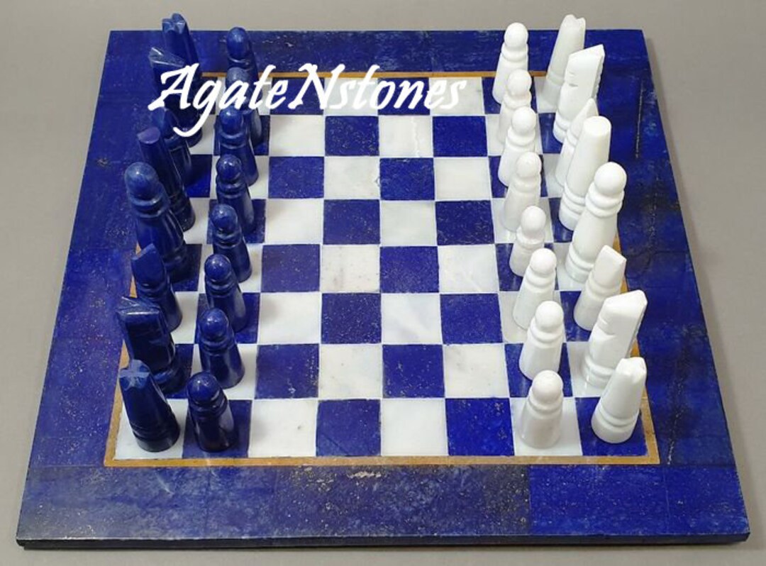 Blue Lapis Stone Marble Chess Set Indoor Adult Chess Board Premium Top ...
