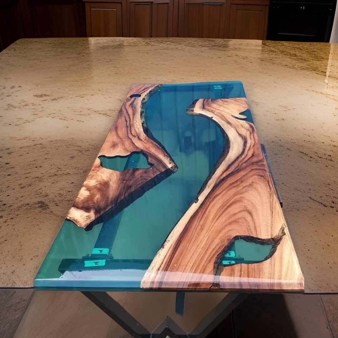 Handmade Walnut River Dining Table: Teal Blue Epoxy Resin Decor - Etsy