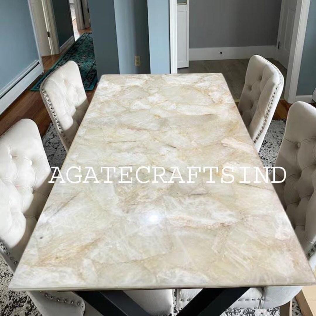White Quartz Agate Stone Dining Table Top | Handmade Gemstone Table ...