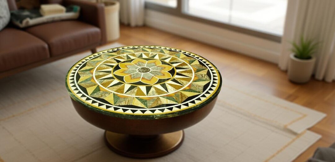 Green Marble Inlay Round Coffee Table – Handmade Geometric Floral ...
